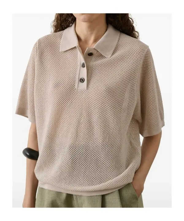 Soeur Short-sleeved Openwork Mesh Polo Shirt - Nude