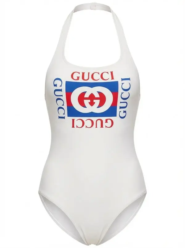 Gucci Printed Halterneck One-piece Swimsuit - White