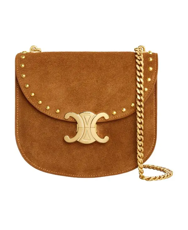 Celine Chain Besace Cléa In Suede Calfskin With Studs - Brown