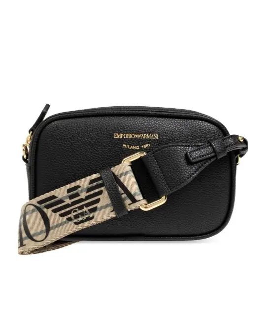Emporio Armani Textured Leather Shoulder Bag With Logo Strap - Black
