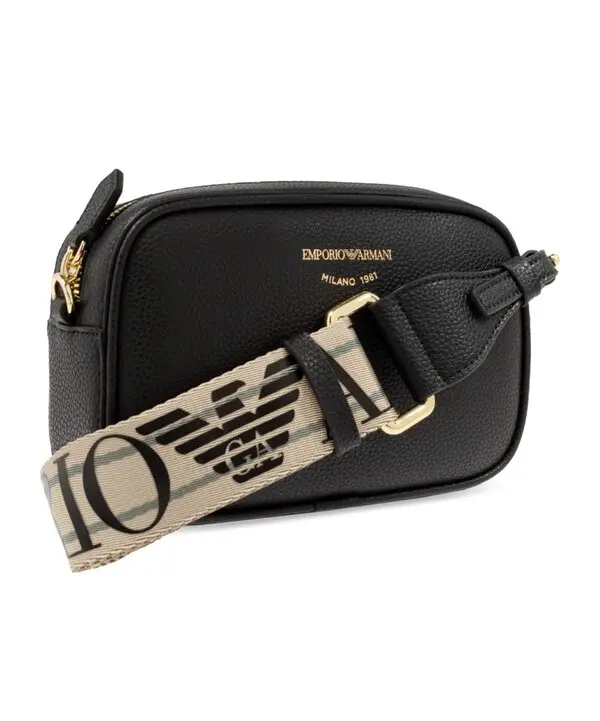 Emporio Armani Textured Leather Shoulder Bag With Logo Strap - Black