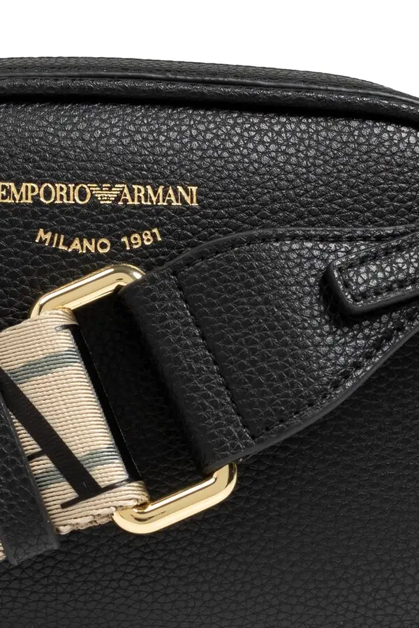 Emporio Armani Textured Leather Shoulder Bag With Logo Strap - Black