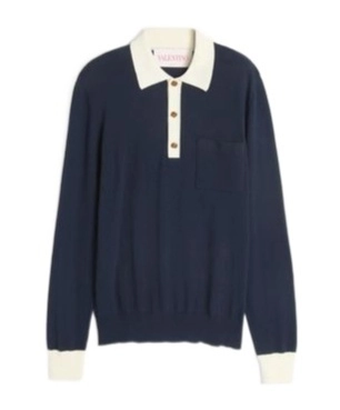 Valentino Garavani Button Detailed Long-sleeved Polo Shirt - Indigo/butter