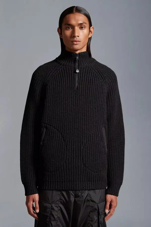 Moncler Wool Jumper With Zipper Detail And Elbow Logo Patch