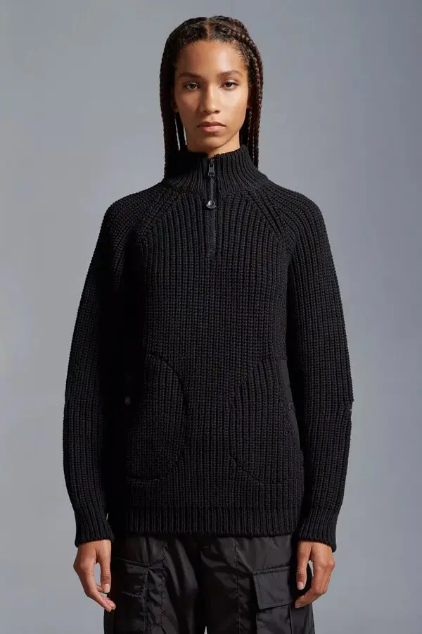 Moncler Wool Jumper With Zipper Detail And Elbow Logo Patch