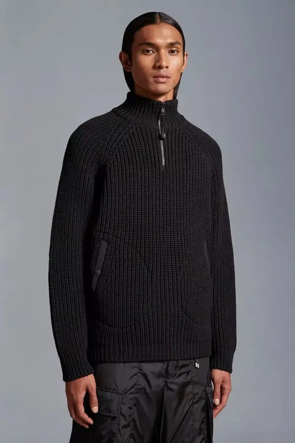 Moncler Wool Jumper With Zipper Detail And Elbow Logo Patch