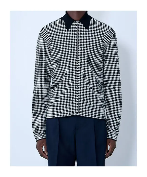 JIL SANDER Houndstooth Pointed Collar Zip-up Shirt