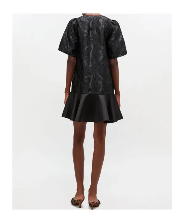 GANNI Satin Cloqué Mini Dress With Puff Sleeves And Ruffled Hem - Black