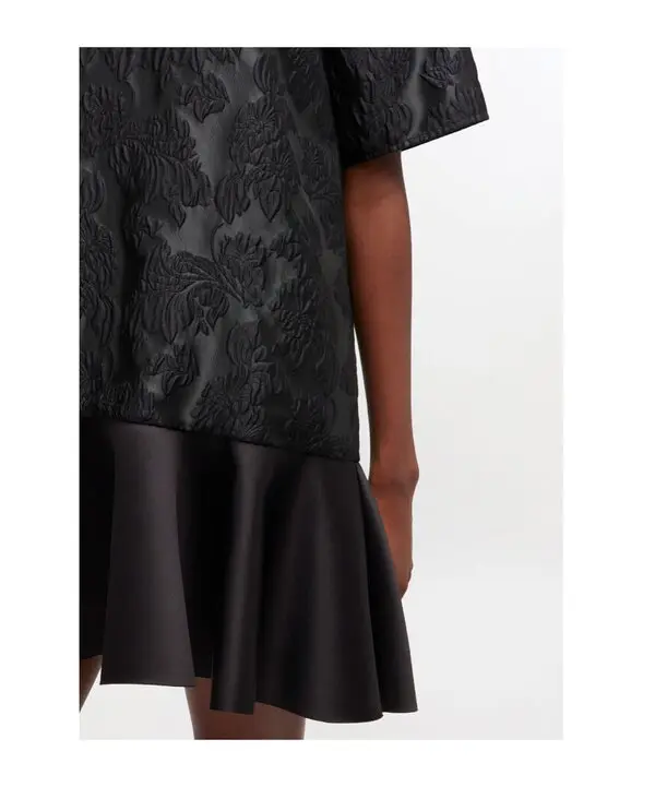 GANNI Satin Cloqué Mini Dress With Puff Sleeves And Ruffled Hem - Black