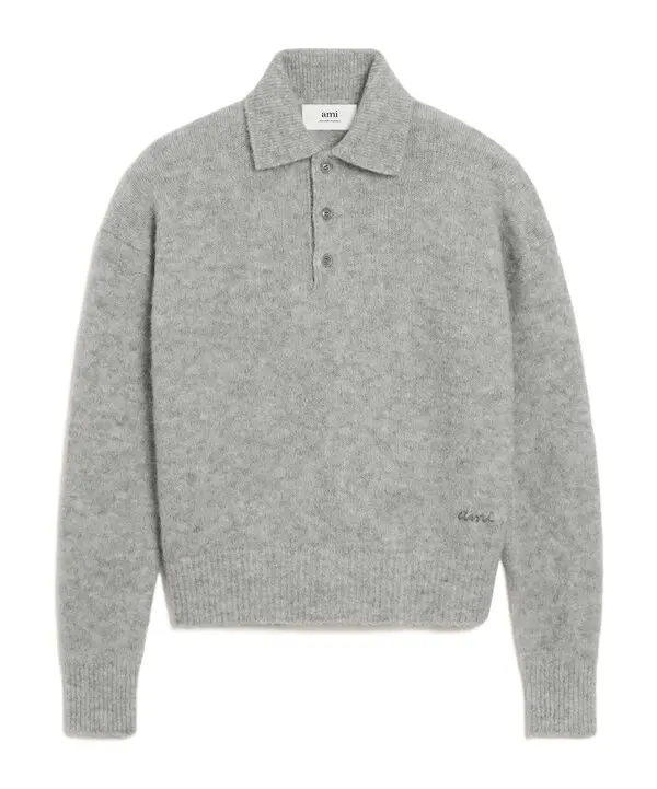 AMI Paris Logo Embroidered Long-sleeved Polo Shirt - Gray