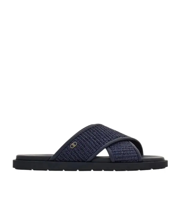 FERRAGAMO Gancini Ornament Raffia Sandals - Navy Blue