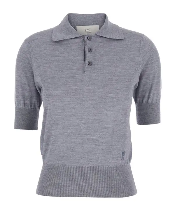 AMI Paris Short-sleeve Polo Top With Ribbed Accents - Grey