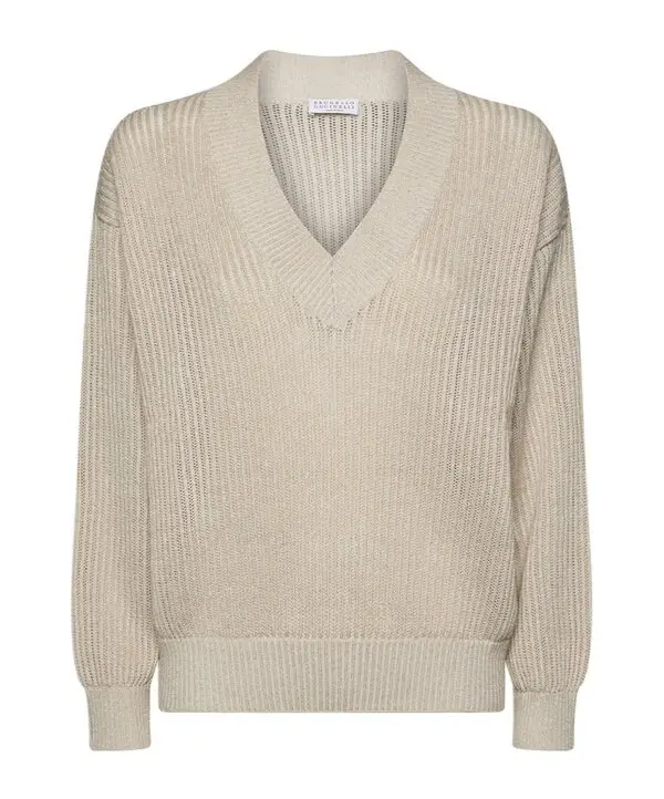 Brunello Cucinelli V-neck Ribbed Long Sleeve Sweater - No