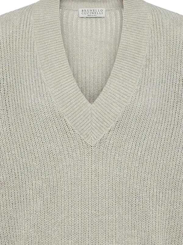 Brunello Cucinelli V-neck Ribbed Long Sleeve Sweater - No