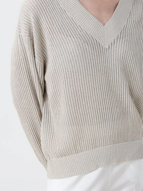 Brunello Cucinelli V-neck Ribbed Long Sleeve Sweater - No