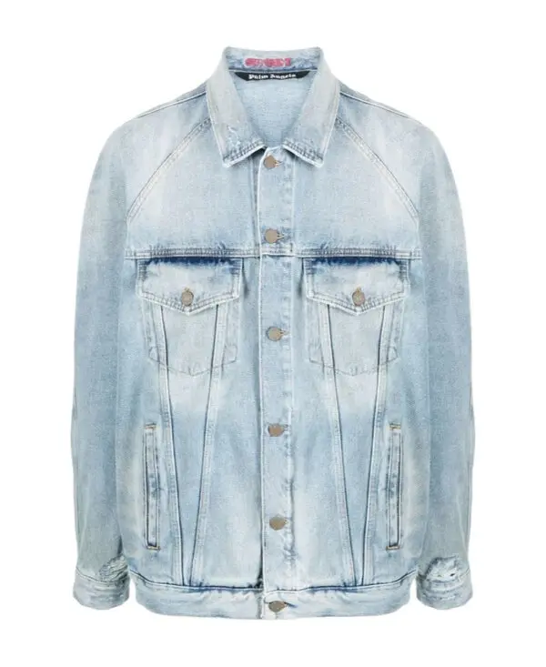 Palm Angels Distressed Logo Patch Denim Jacket - Blue