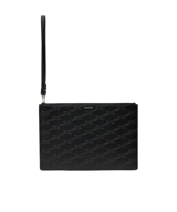 Balenciaga Monogram Embossed Clutch Bag With Wrist Strap - Black