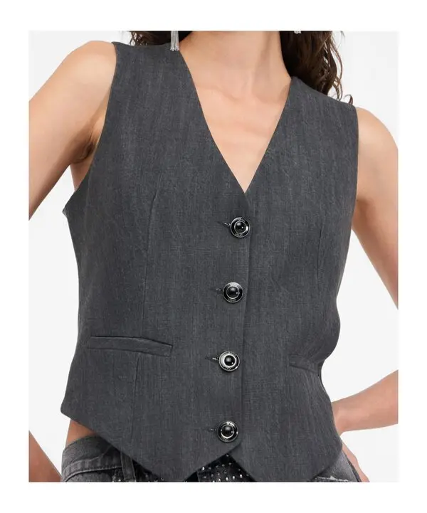 Liu Jo V-neck Buttoned Denim Gilet With Back Strap And Welt Pockets