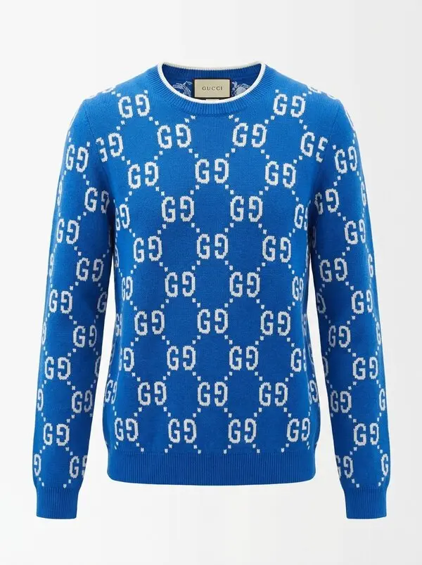Gucci Gg Pattern Knit Sweater - Cobalt Blue And Ivory