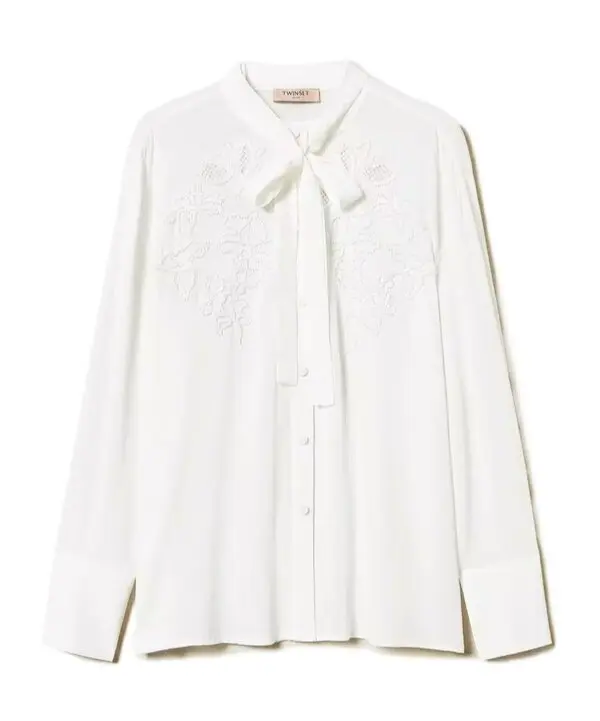 TWINSET Georgette Shirt With Floral Embroidery And Pussy Bow - White