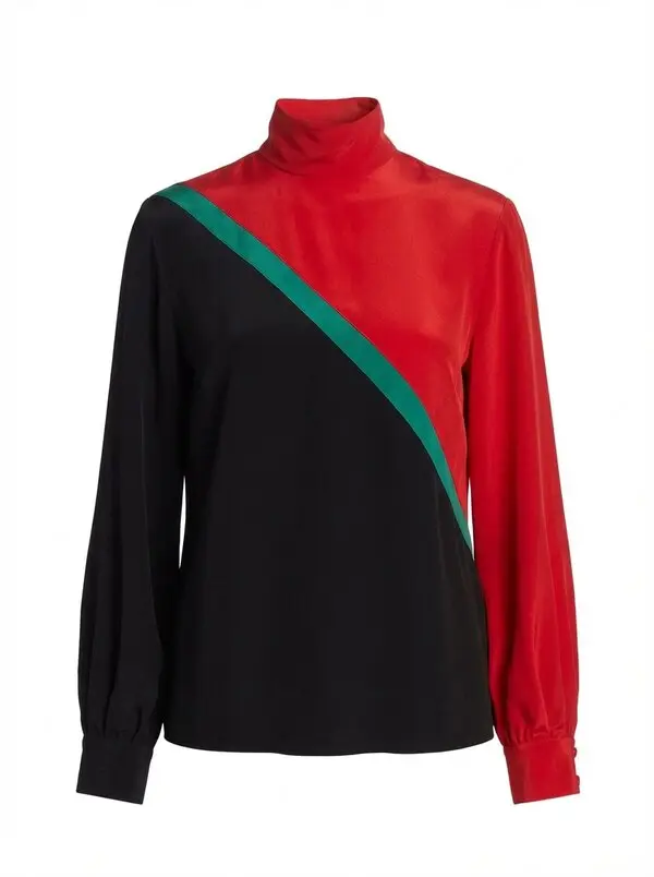Gucci High Neck Color-blocked Silk Shirt - Black