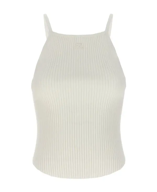 COURREGES Ribbed Knit Logo Patch Tank Top - White