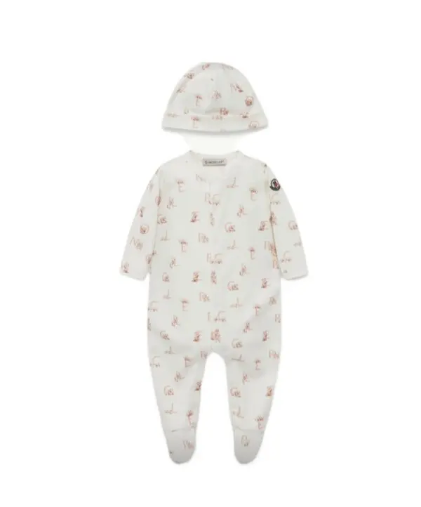 Moncler Baby All-over Patterned Crewneck Rompers And Beanie Set - White/pink