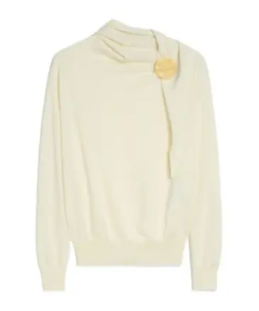 JIL SANDER Draped Neck Knitted Jumper With Jeweled Brooch - Eggshell