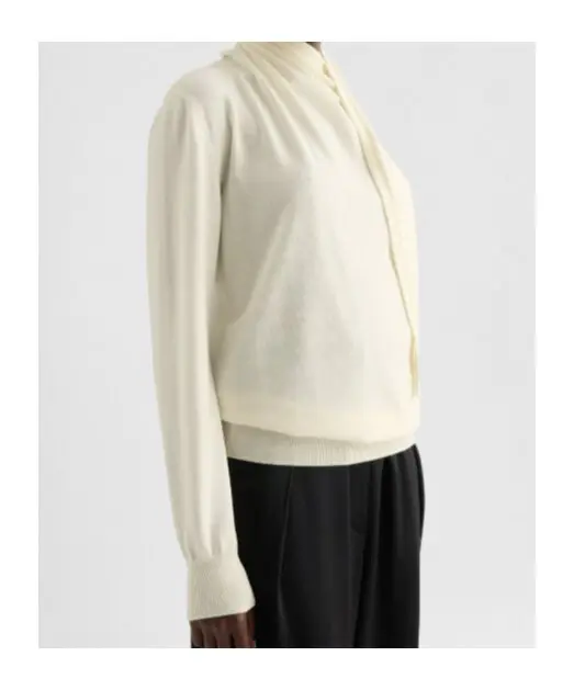 JIL SANDER Draped Neck Knitted Jumper With Jeweled Brooch - Eggshell