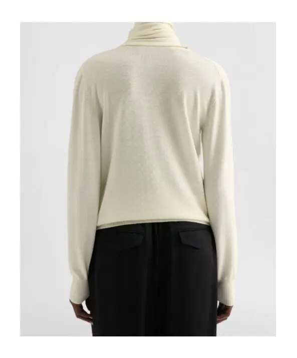JIL SANDER Draped Neck Knitted Jumper With Jeweled Brooch - Eggshell