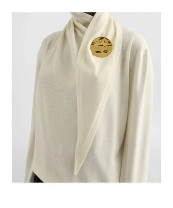 JIL SANDER Draped Neck Knitted Jumper With Jeweled Brooch - Eggshell