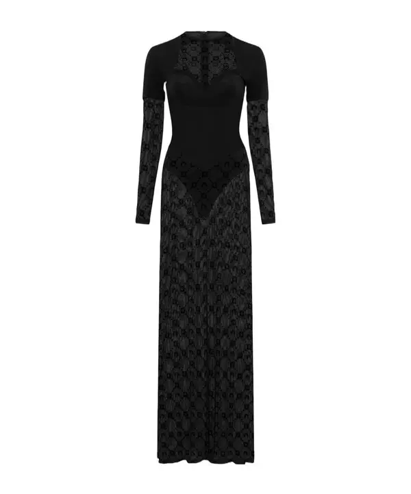 MARINE SERRE Layered Jersey Mesh Flock Long Dress - Black