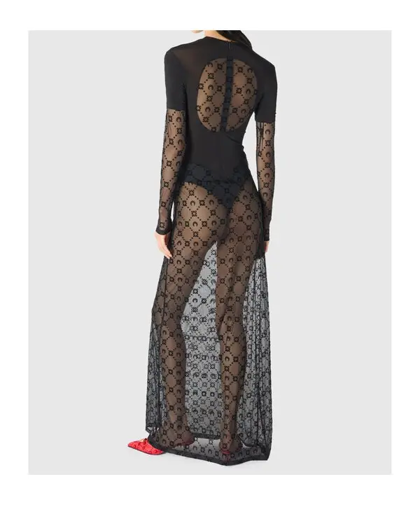 MARINE SERRE Layered Jersey Mesh Flock Long Dress