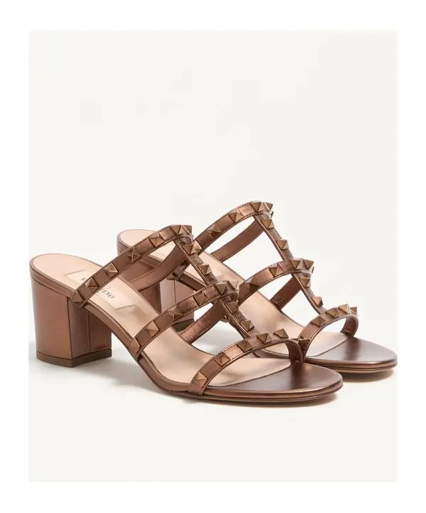 Valentino Garavani Rockstud Metallic Calfskin Leather Slide Sandal - Brown