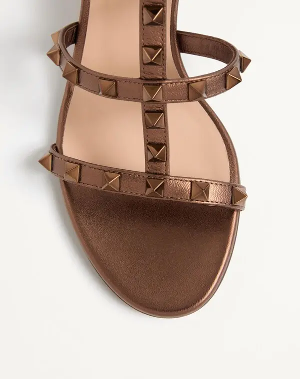 Valentino Garavani Rockstud Metallic Calfskin Leather Slide Sandal - Brown