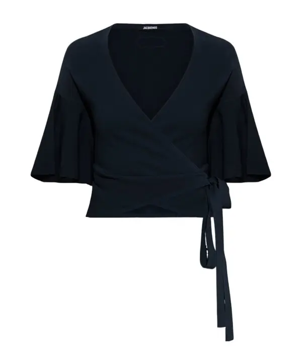 Jacquemus Knit Top With V-neck And Ruffled Cuffs - Navy Blue