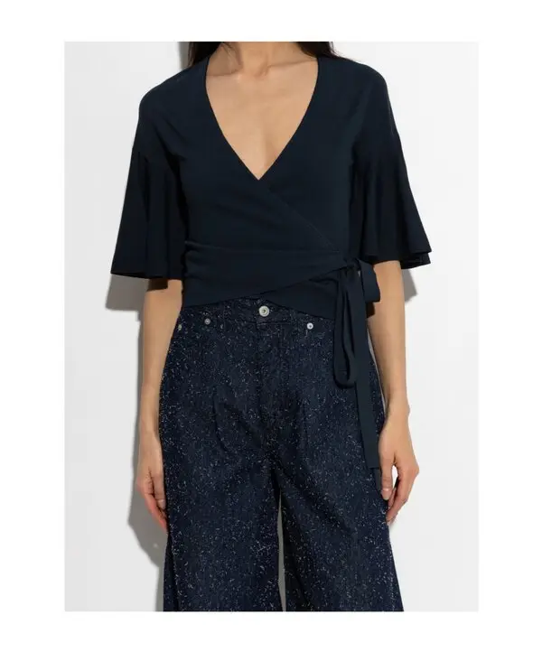 Jacquemus Knit Top With V-neck And Ruffled Cuffs - Navy Blue