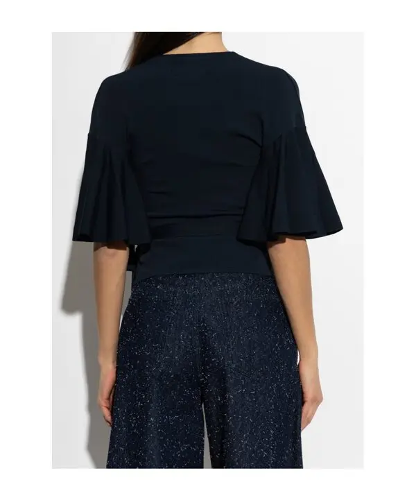 Jacquemus Knit Top With V-neck And Ruffled Cuffs - Navy Blue