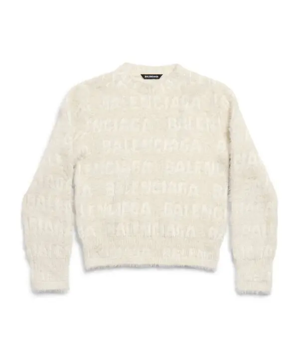 Balenciaga Allover Logo Furry Fitted Sweater - Ivory