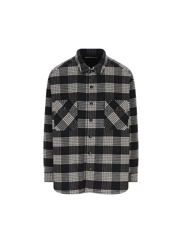 Celine Quilted Overshirt In Checked Wool - Black