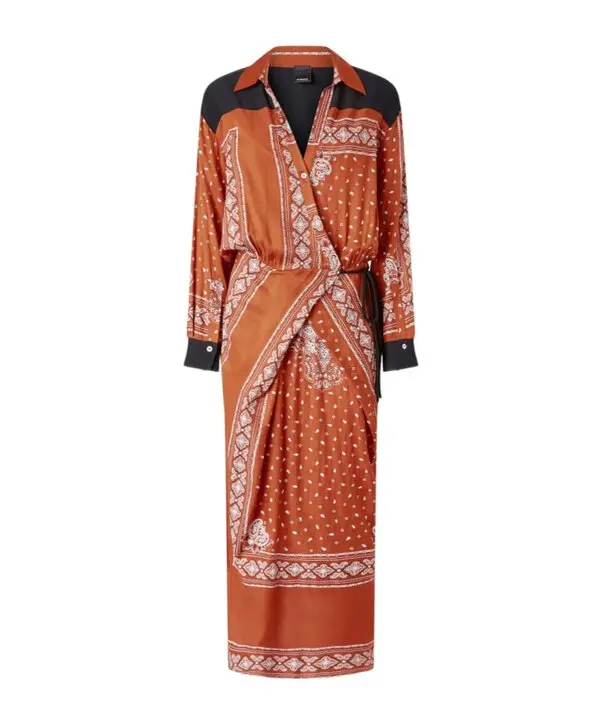Pinko Bandana Print Collared Long Sleeve Maxi Dress - Brown
