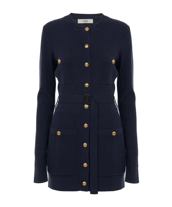 Chloé Long-sleeved Knitted Midi Dress With Gold Military Buttons