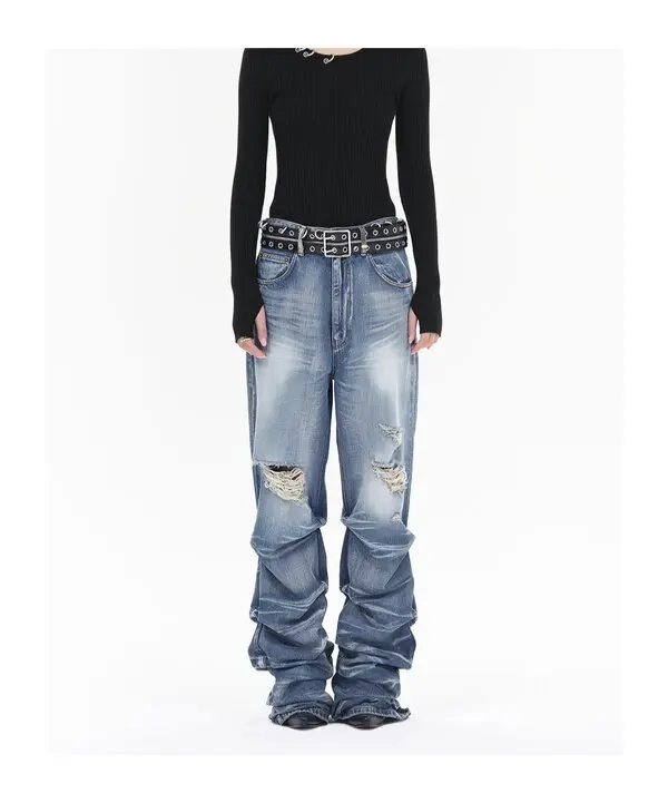 We11Done Denim Trousers With Belt Loops And Distressed Details