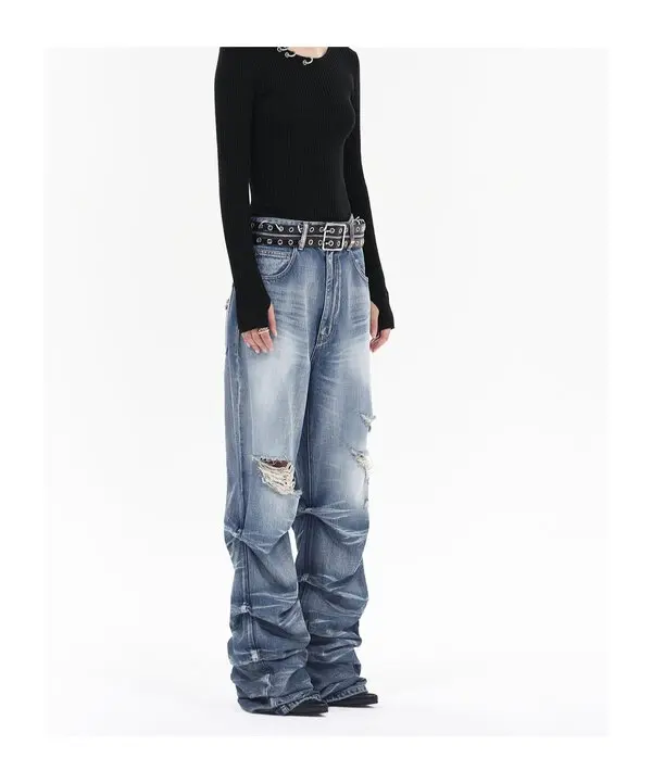We11Done Denim Trousers With Belt Loops And Distressed Details