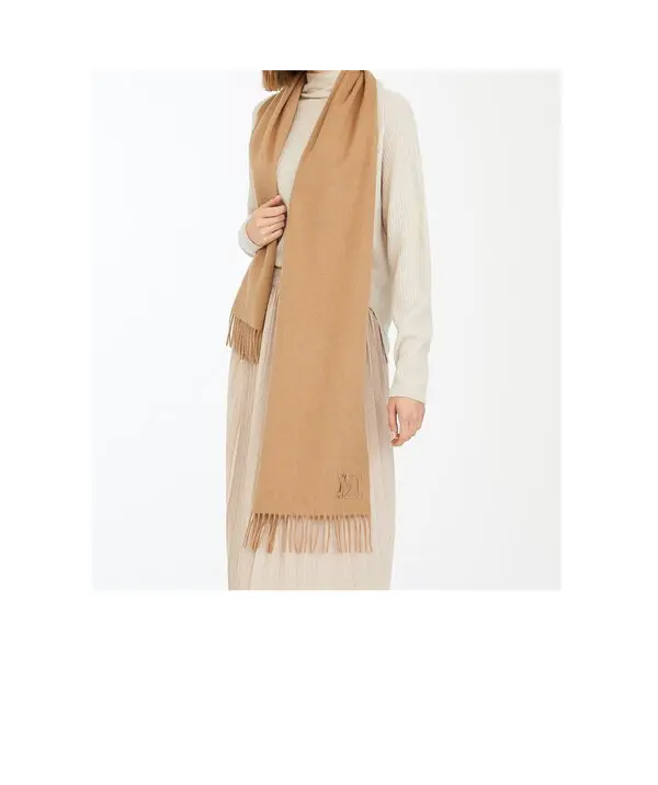 Max Mara Wkclara Logo Embroidered Fringed Edge Scarf - Camel