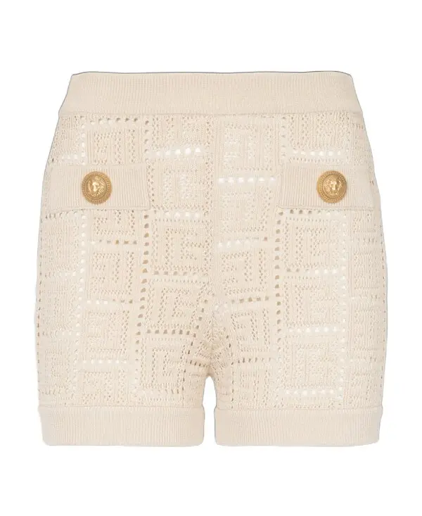 Balmain Monogrammed Openwork Knit Mini Shorts - Nude
