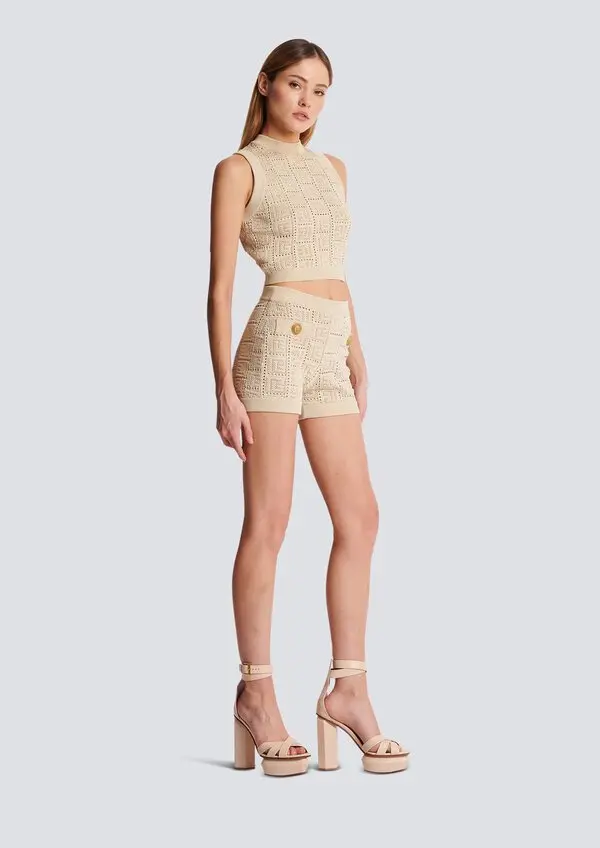 Balmain Monogrammed Openwork Knit Mini Shorts