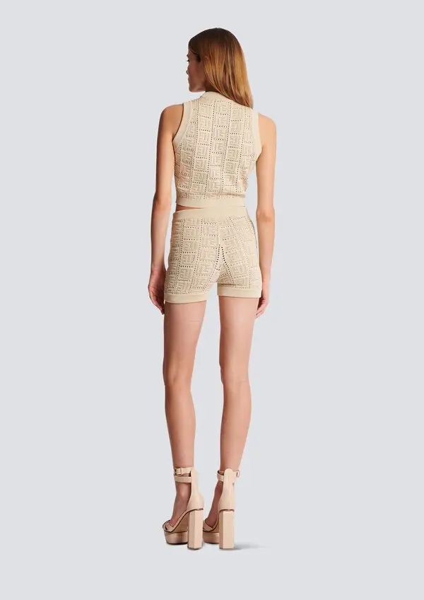 Balmain Monogrammed Openwork Knit Mini Shorts