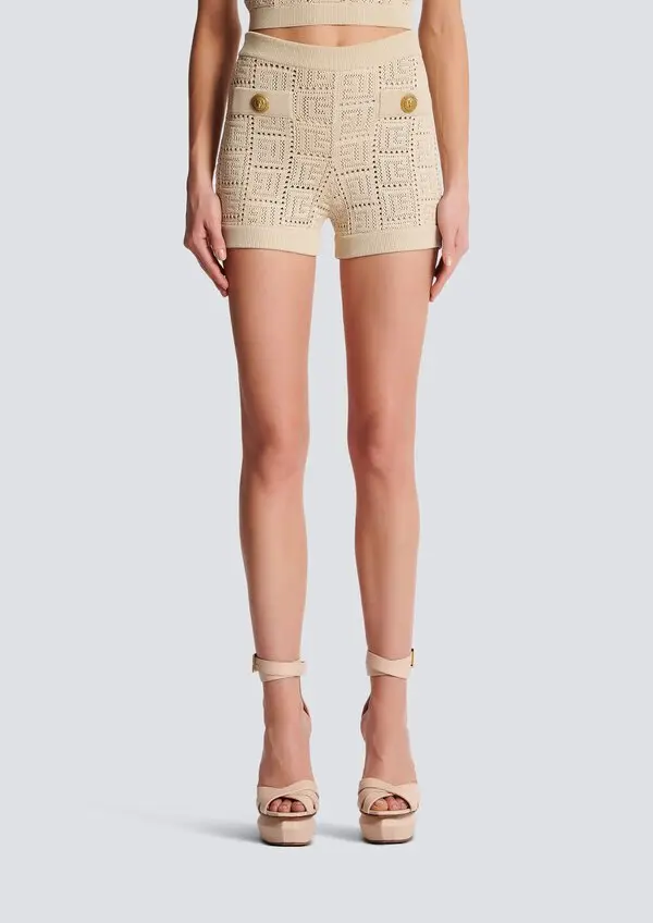 Balmain Monogrammed Openwork Knit Mini Shorts