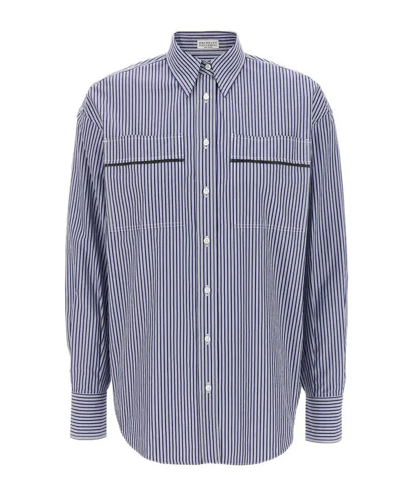 Brunello Cucinelli Striped Shirt With Monile Detail - Gray